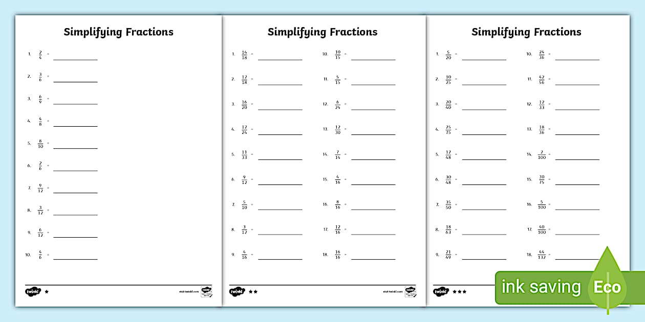 Simplifying Fractions Differentiated Activity Sheets