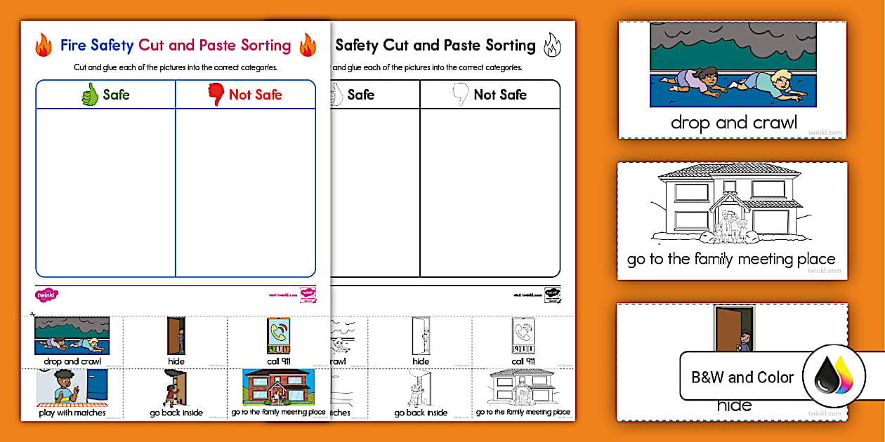 Fire Safety Cut and Paste Worksheet | PreK Resource | Twinkl