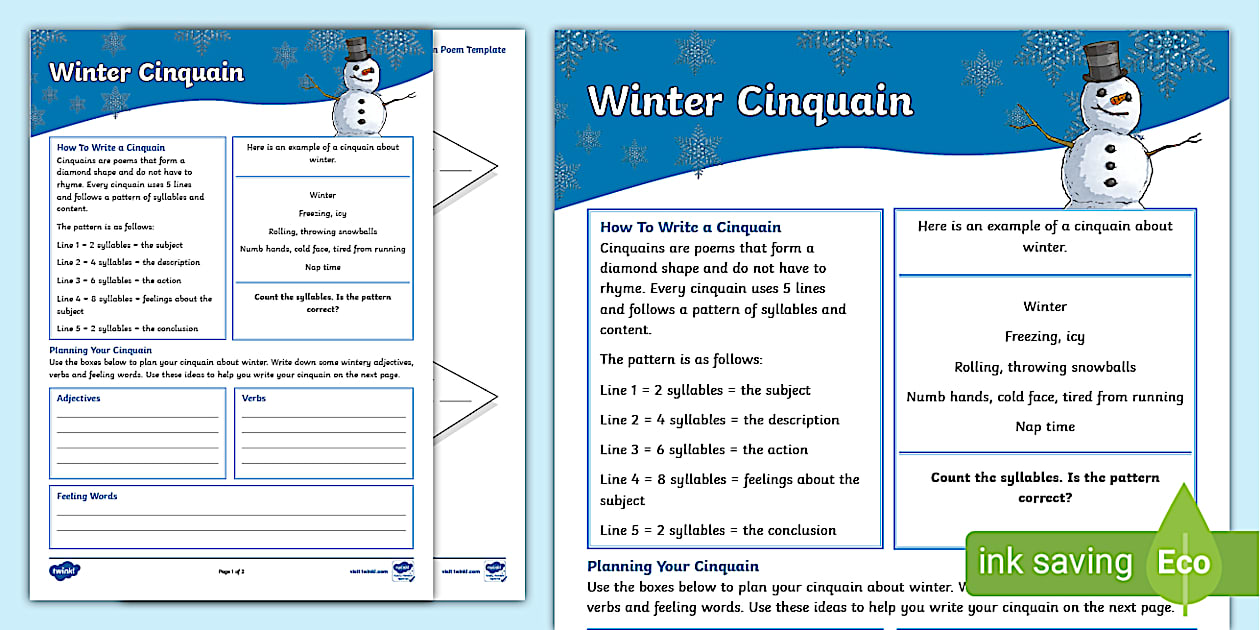 Winter Cinquain Activity Sheet (teacher made) - Twinkl