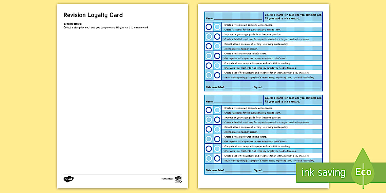 English Revision Loyalty Card 1 Challenge Cards - Secondary