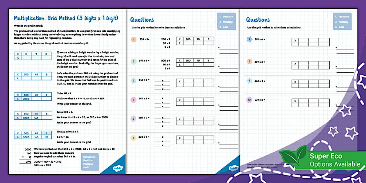 Multiplication: Grid Method (3 Digits x 1 Digit) - Twinkl