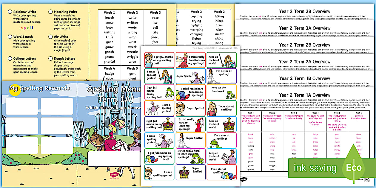 Editable Year 2 Princess Themed Spelling Menu Pack - Twinkl