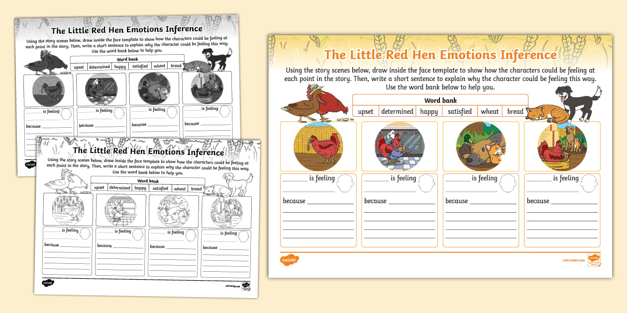 The Little Red Hen Emotions Inference Worksheet - Twinkl