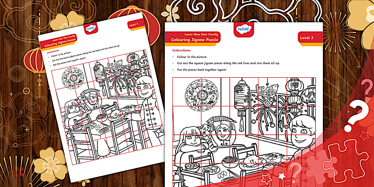 Lunar New Year Colouring Jigsaw - Family - Level 3 - Twinkl