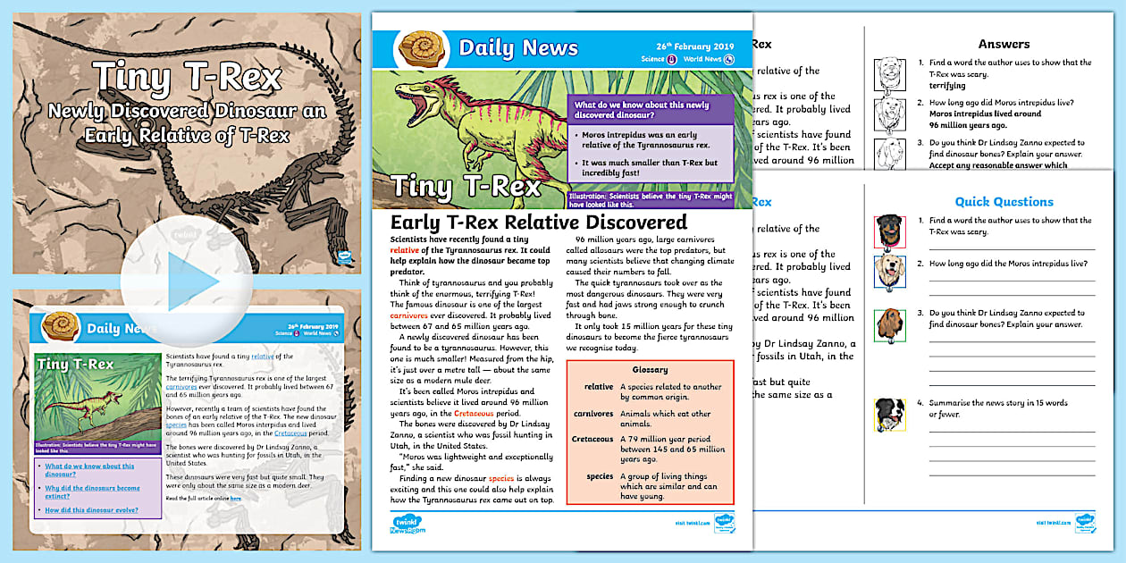 Tiny T-Rex Reading Comprehension | Twinkl NewsRoom Resources