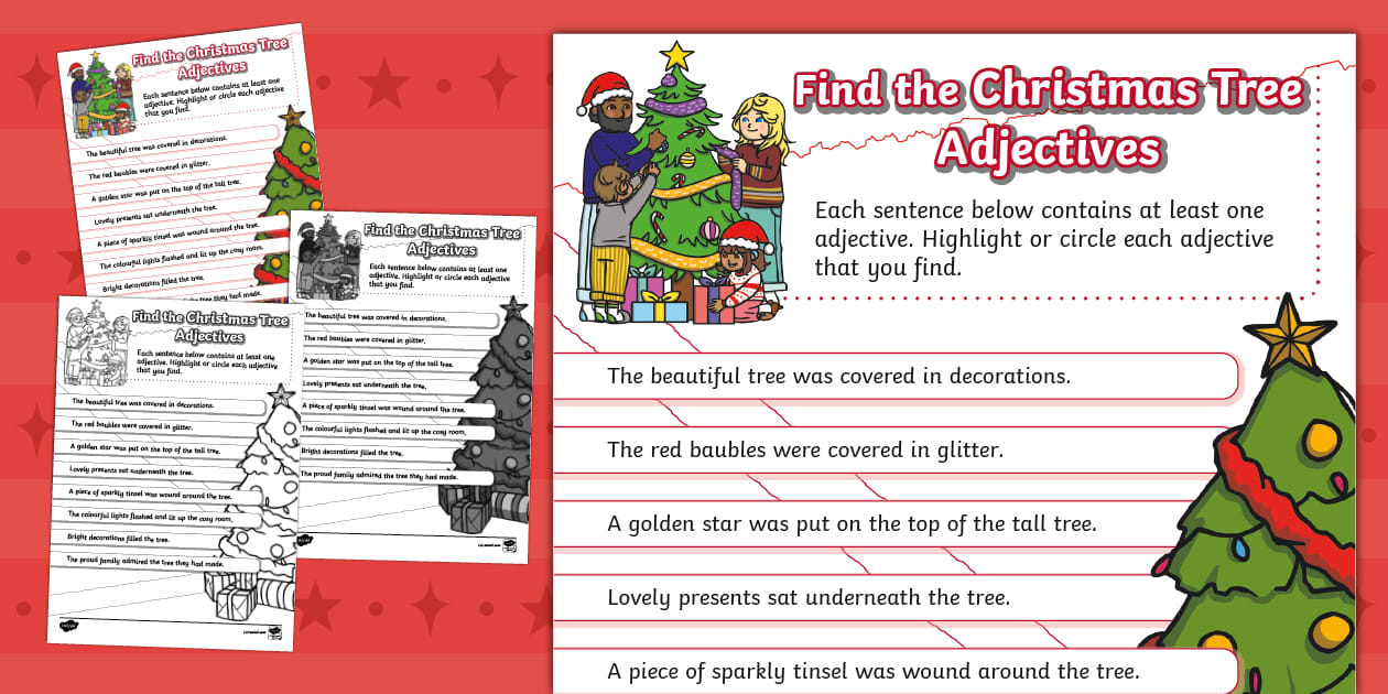 Find the Christmas Tree Adjectives Worksheet (teacher made)