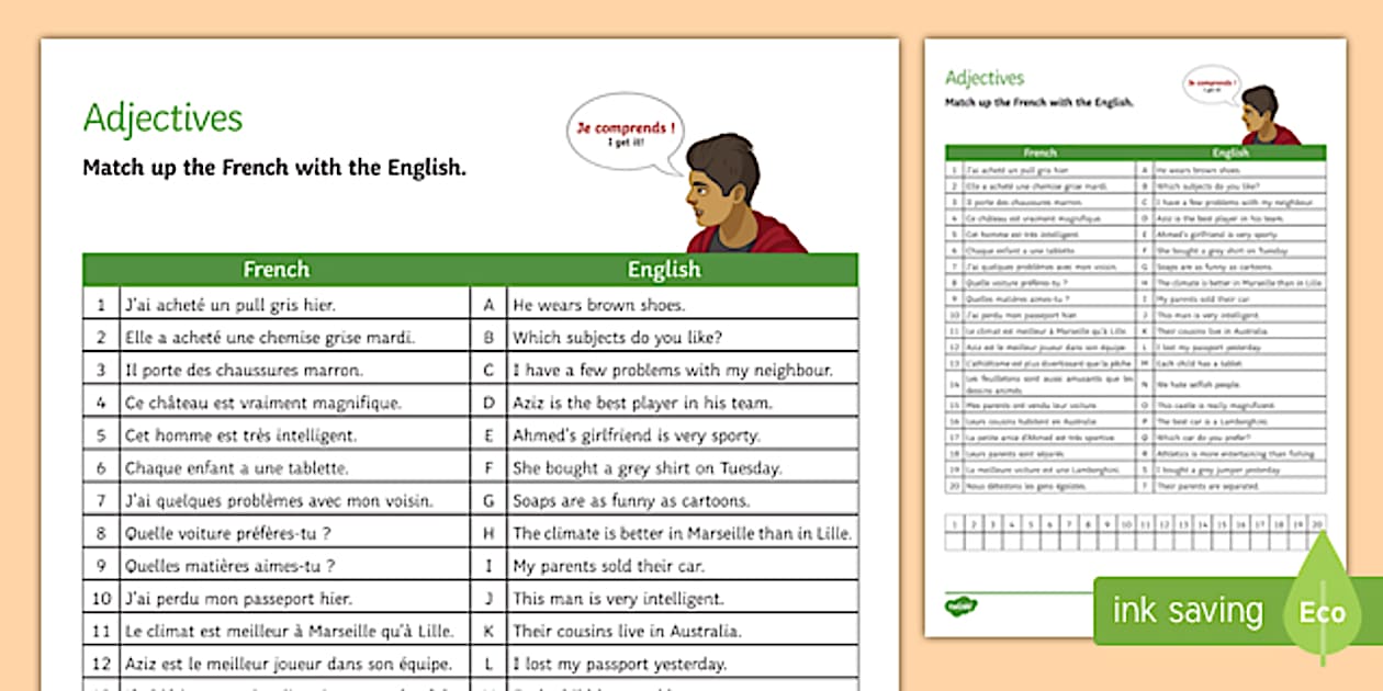 French Adjectives Match-Up Worksheet / Worksheet-French