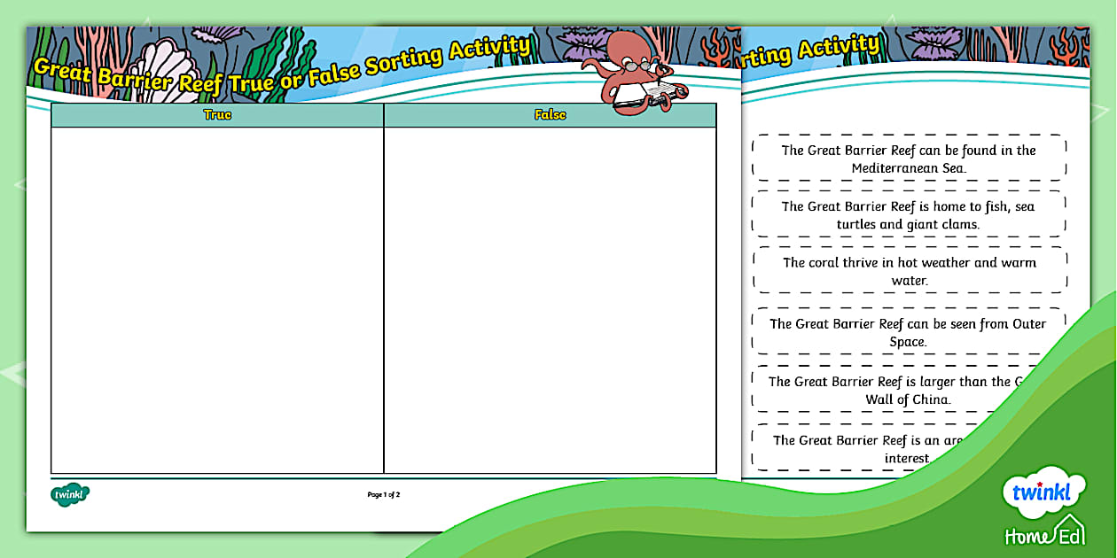 Great Barrier Reef True or False Sorting Activity - Twinkl
