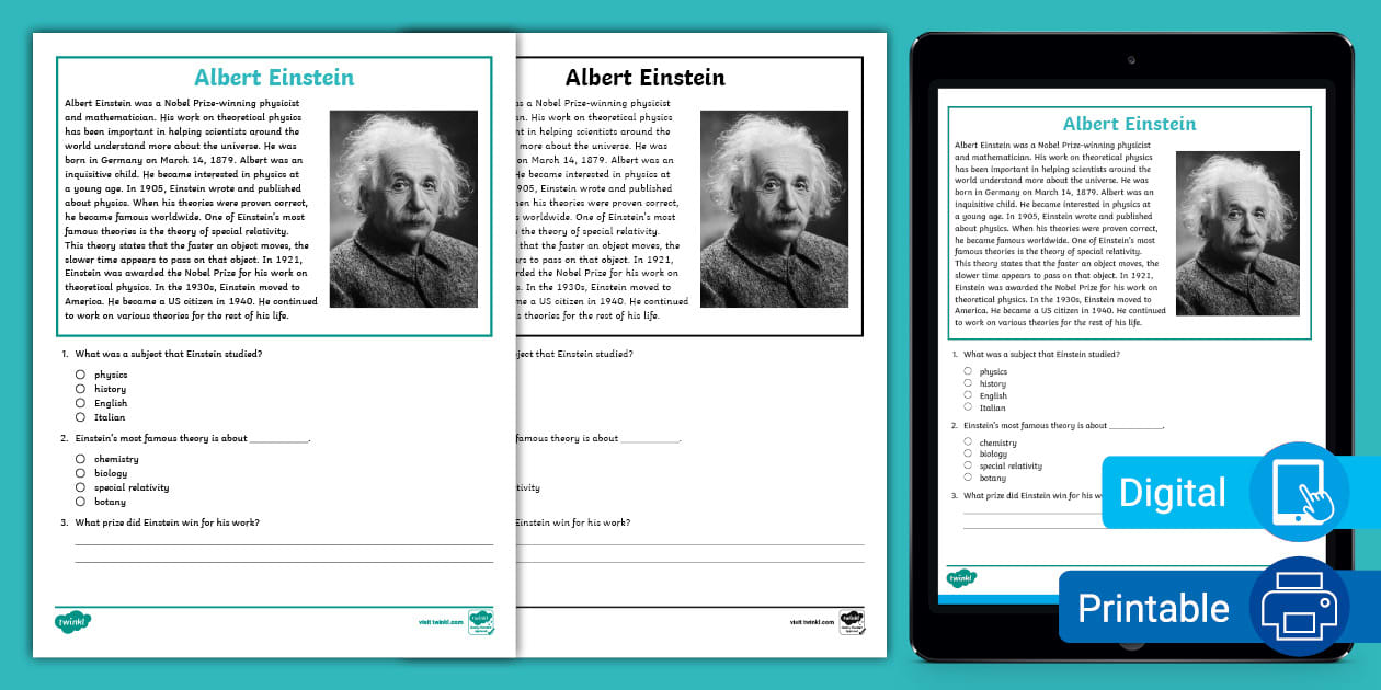 Fourth Grade Albert Einstein Reading Passage Comprehension