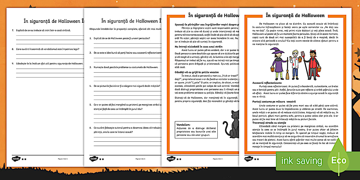 În siguranță de Halloween Fișă de lectură - Twinkl