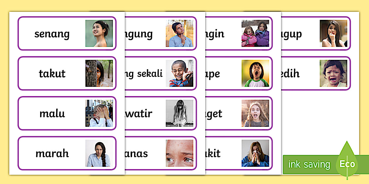 Indonesian Feelings and Emotions Photo Word Cards