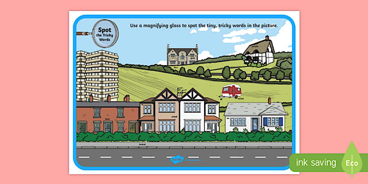 Black and White Phase 5 Tricky Words Houses and Homes Scene Magnifying ...