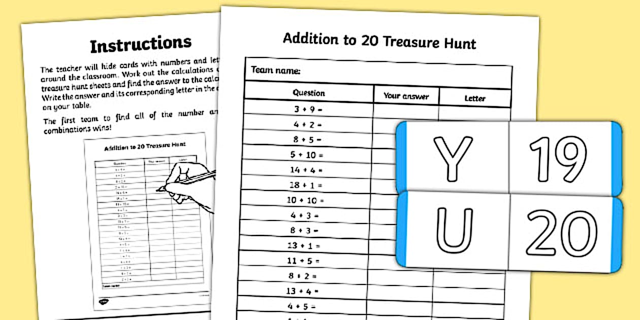 Editable Addition to 20 Treasure Hunt Activity - Twinkl