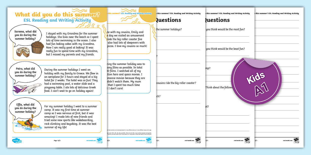 ESL Summer Holidays Writing Activity - Reading & Writing