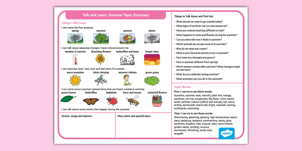 Talk and Learn: Summer Home Learning Summary - Twinkl