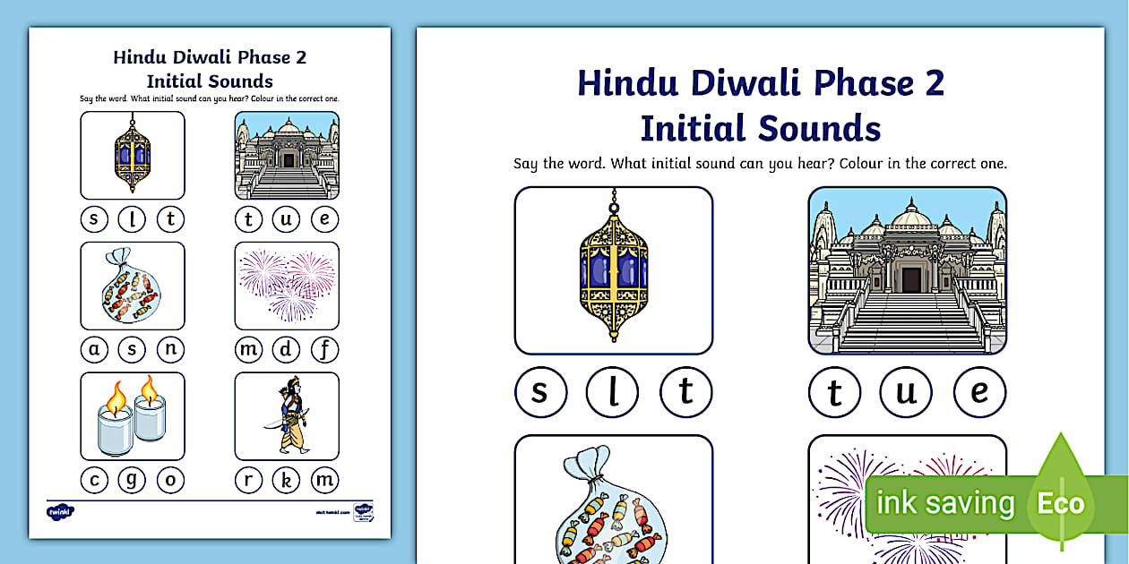 Black and White Hindu Diwali Phase 2 Initial Sounds Activity