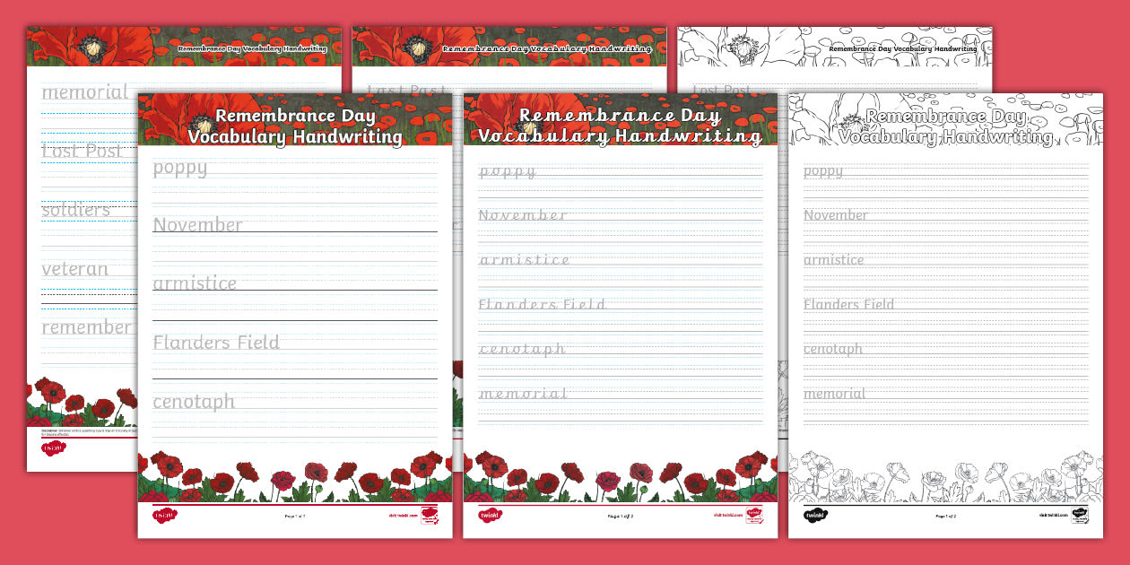Remembrance Day Vocabulary Handwriting Practice Sheet