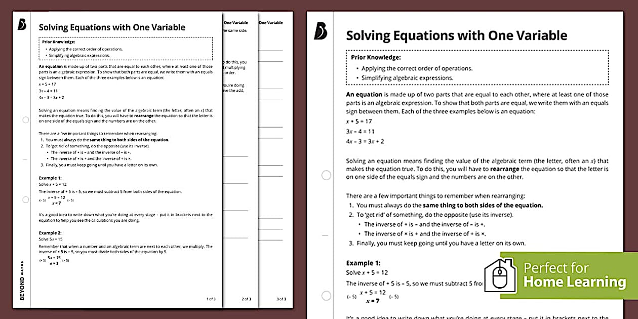 👉 Solving Equations with One Variable KS3 Walkthrough Worksheet