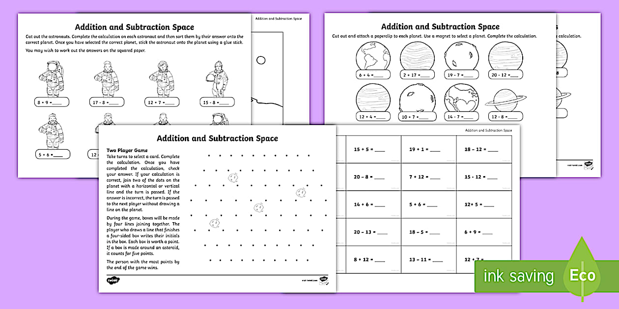 KS1 Addition and Subtraction Facts within 20 Space-Themed Activity ...