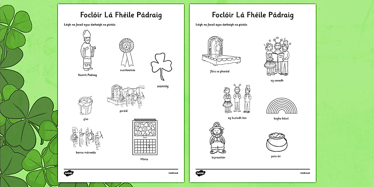 Irish Gaeilge Foclóir Lá Fhéile Pádraig Vocabulary Colouring Worksheet