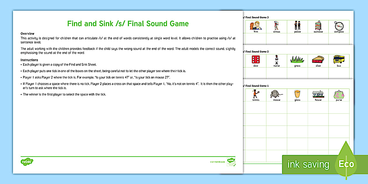 Black and White Find and Sink /s/ Final Sound Game - Twinkl