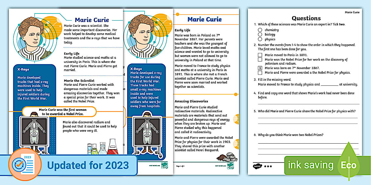 Lower Ability KS1 Marie Curie Differentiated Reading Comprehension