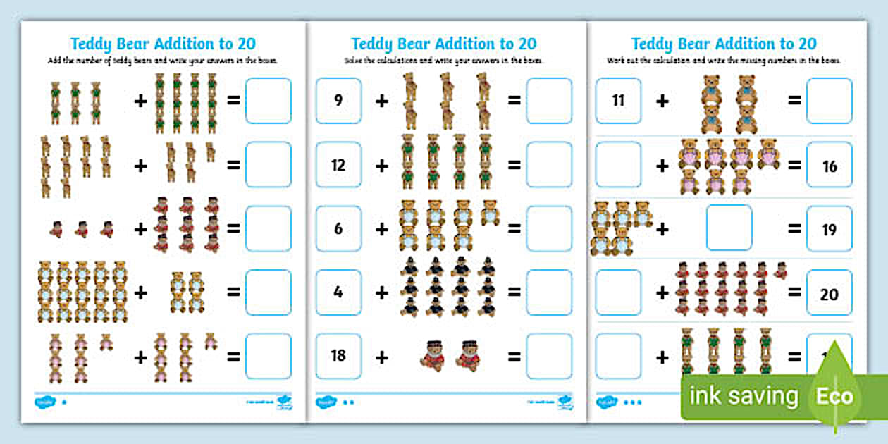 Teddy Bear Themed Addition up to 20 Activity Sheet