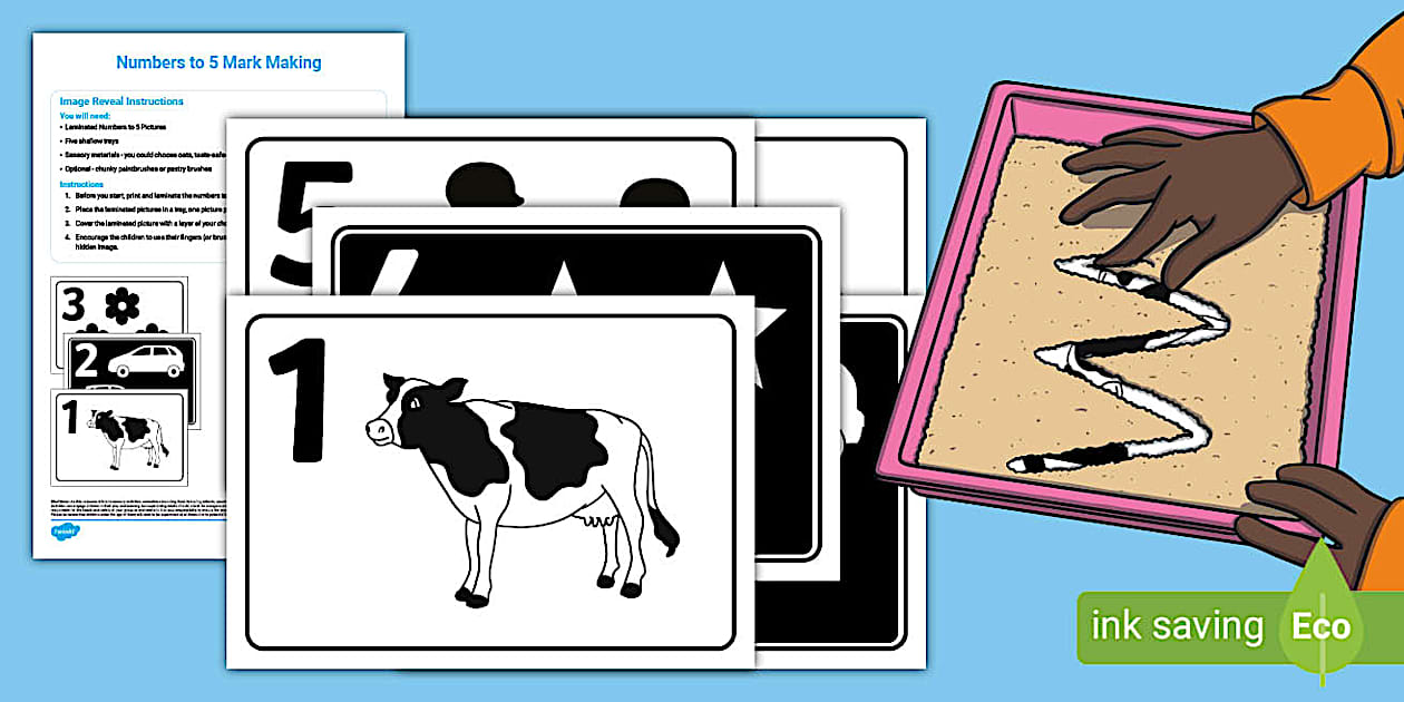 👉 EYFS Numbers to 5 Black and White Mark-Making Image Reveal