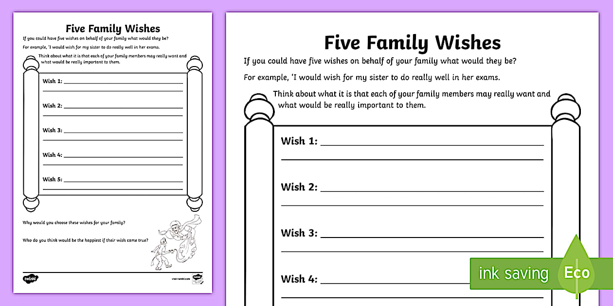 Five Family Wishes Worksheet - Twinkl