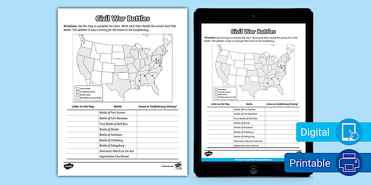 Civil War Battles Worksheet Map Worksheet | Twinkl USA