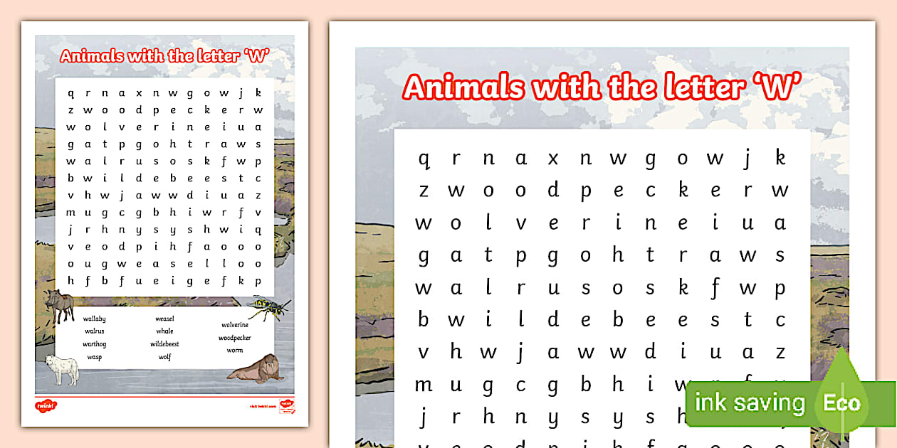 Animals with the Letter 'W' Word Search (teacher made)