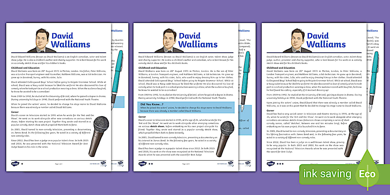 David Walliams Differentiated Reading Comprehension Activity