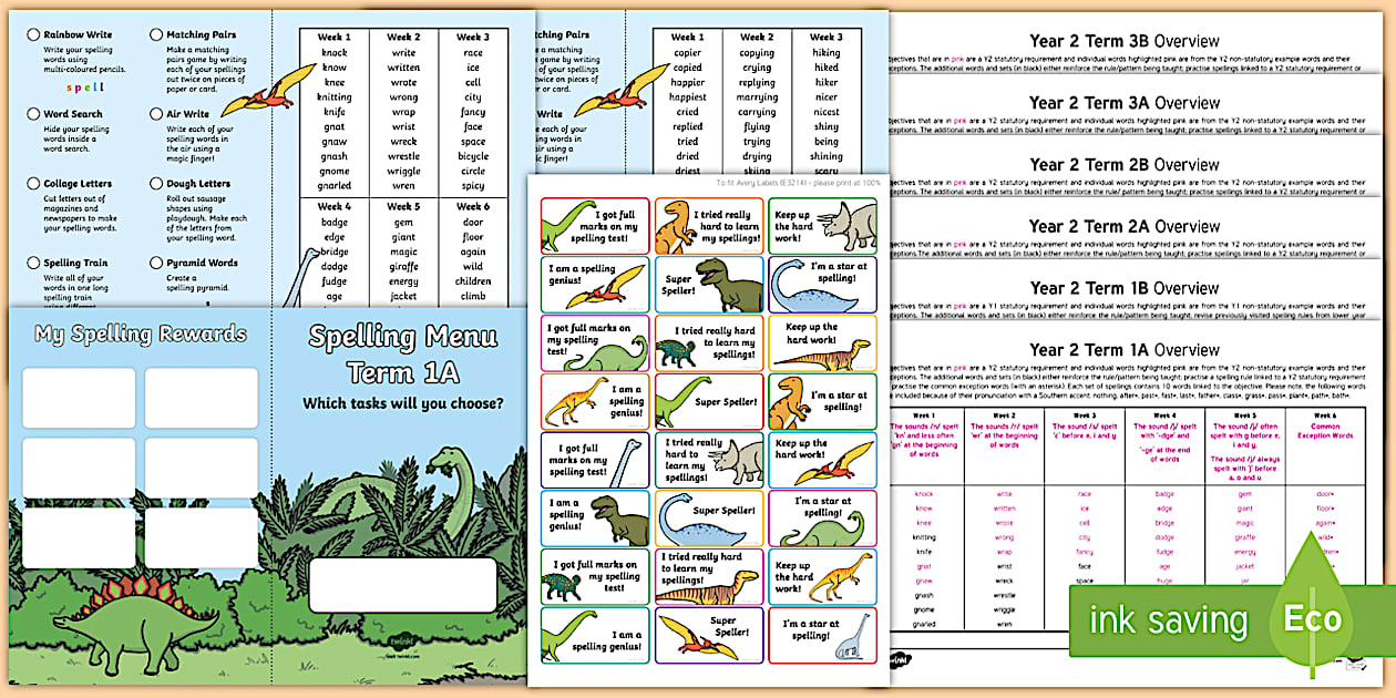 Editable Year 2 Dinosaur Spelling Menu Pack - Twinkl