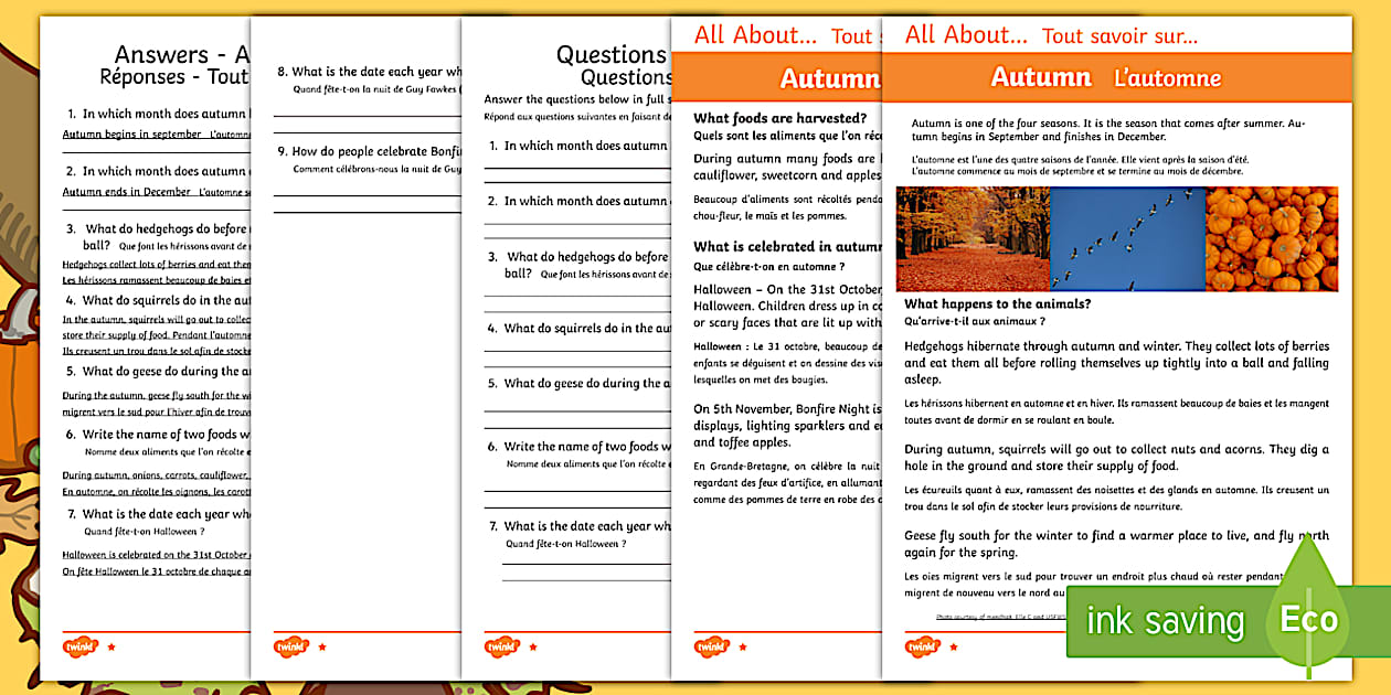 Autumn Differentiated Reading Comprehension Worksheet / Worksheet Pack