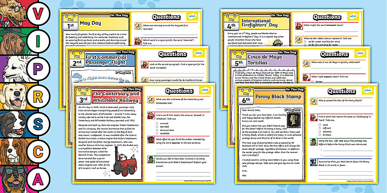 KS2 On This Day Pawsome Comprehension Mat Pack: May - Twinkl