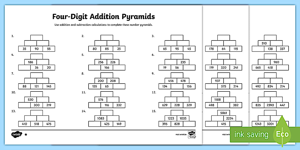 Four-Digit Addition Pyramids Differentiated Worksheets