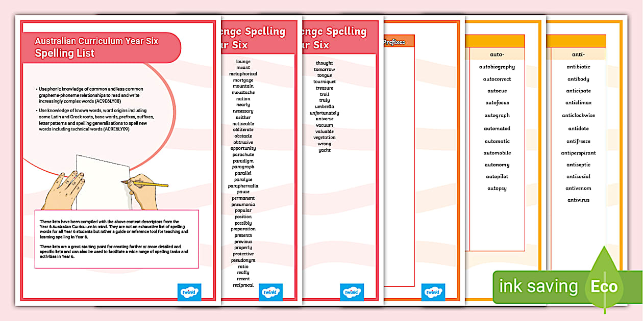 Australian Curriculum Aligned Spelling Words For Year 6