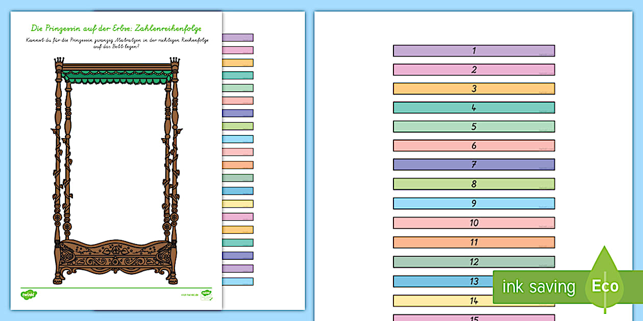 Black and White Die Prinzessin auf der Erbse Zahlenreihenfolge Arbeitsblatt