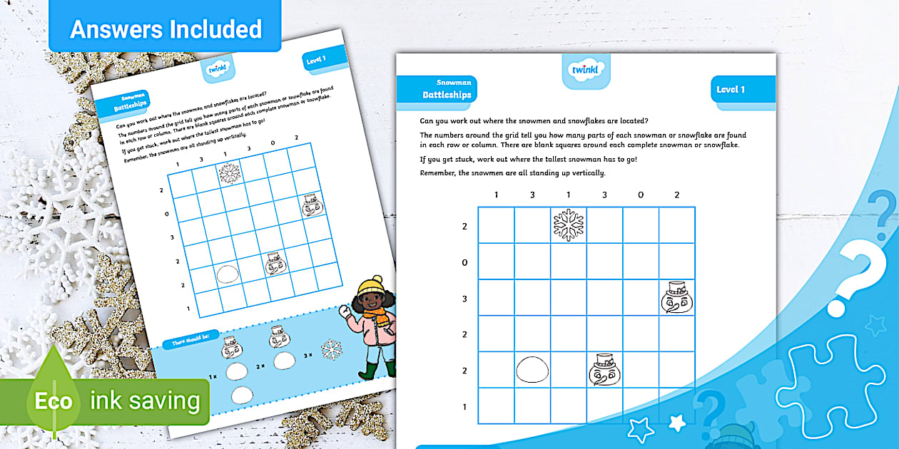Snowman Battleships - Level 1 - Twinkl - Kids Puzzles