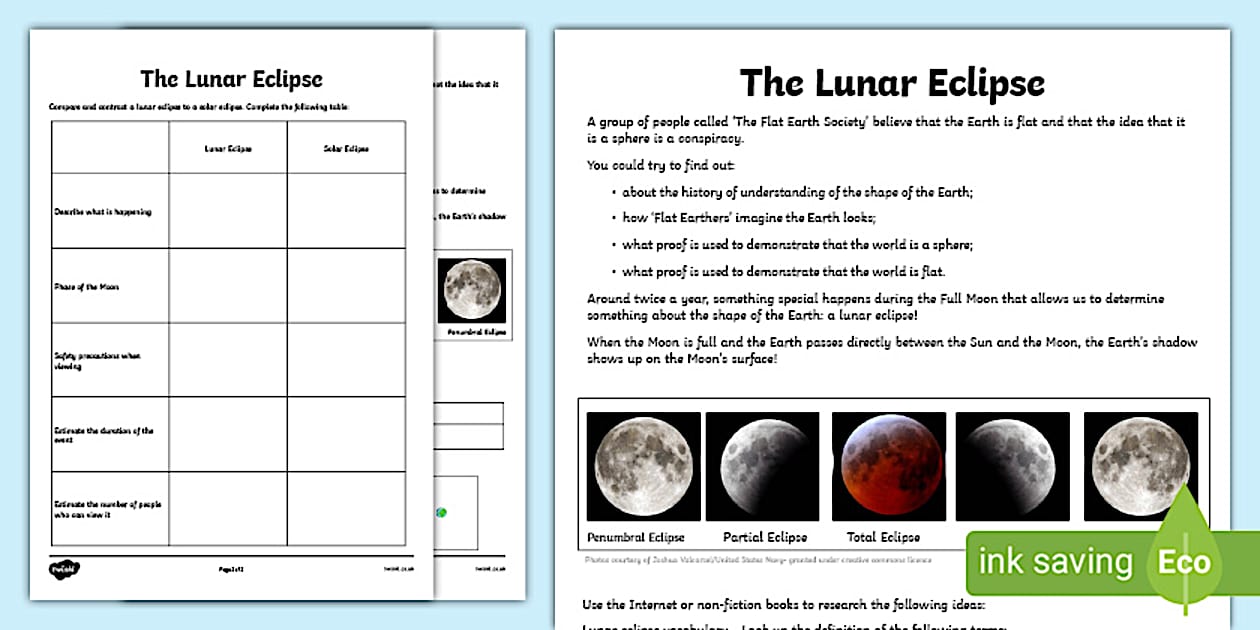 Lunar Eclipse Worksheet (creat de profesori) - Twinkl