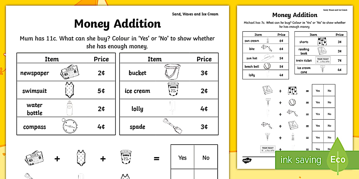 Sand, Waves and Ice Cream Money Addition Worksheet / Worksheet