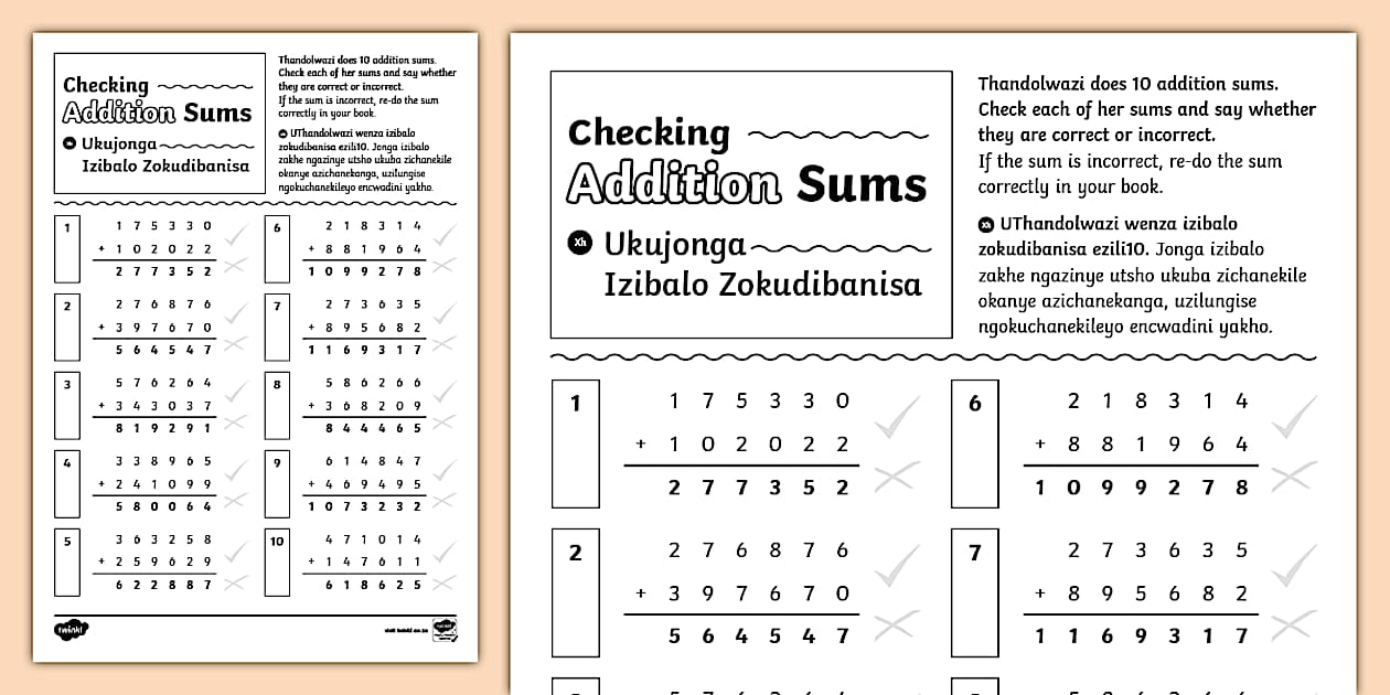 Checking Addition Sums Activity Sheet IsiXhosa - Twinkl