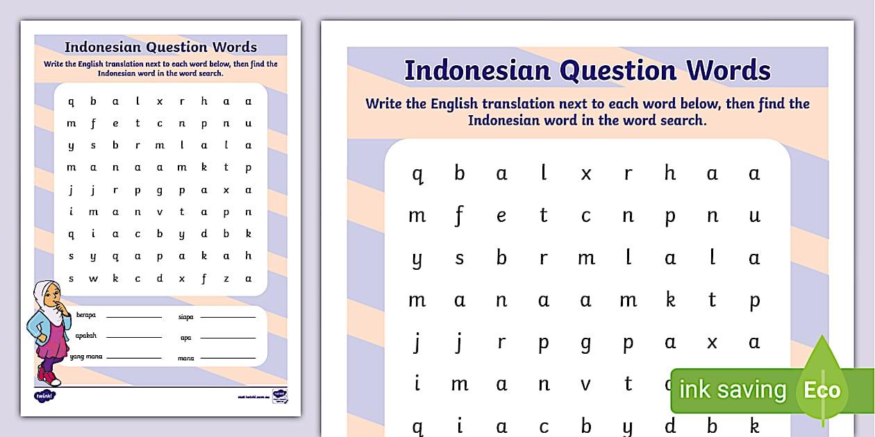 Question Words Word Search Indonesian F-2 (teacher made)
