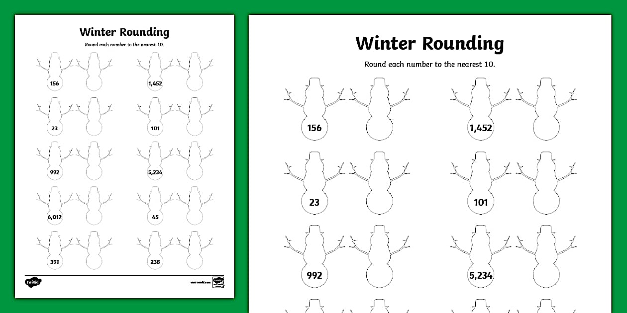 Third Grade Rounding to the Nearest 10 Winter Worksheet