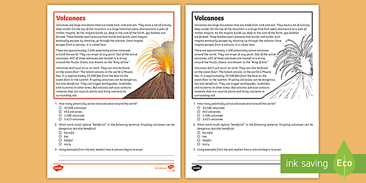 Fifth Grade Volcanoes Reading Passage Comprehension Worksheet