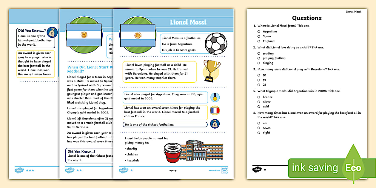 KS1 Lionel Messi Differentiated Reading Comprehension