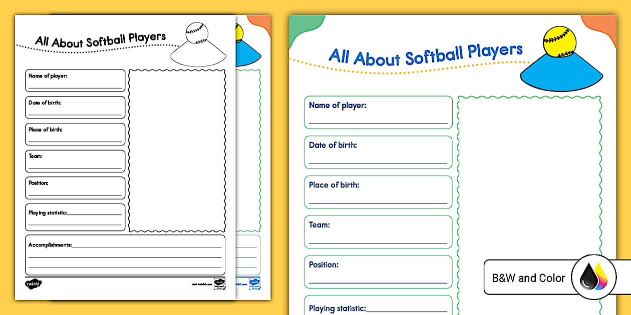 All About Softball Players Research and Write Worksheet for K-2nd Grade