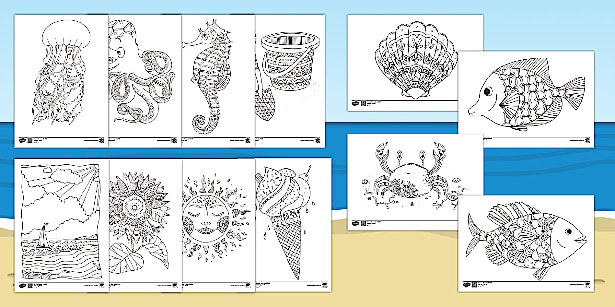 Seaside Mindfulness Colouring Sheets - ESL Beach Colouring