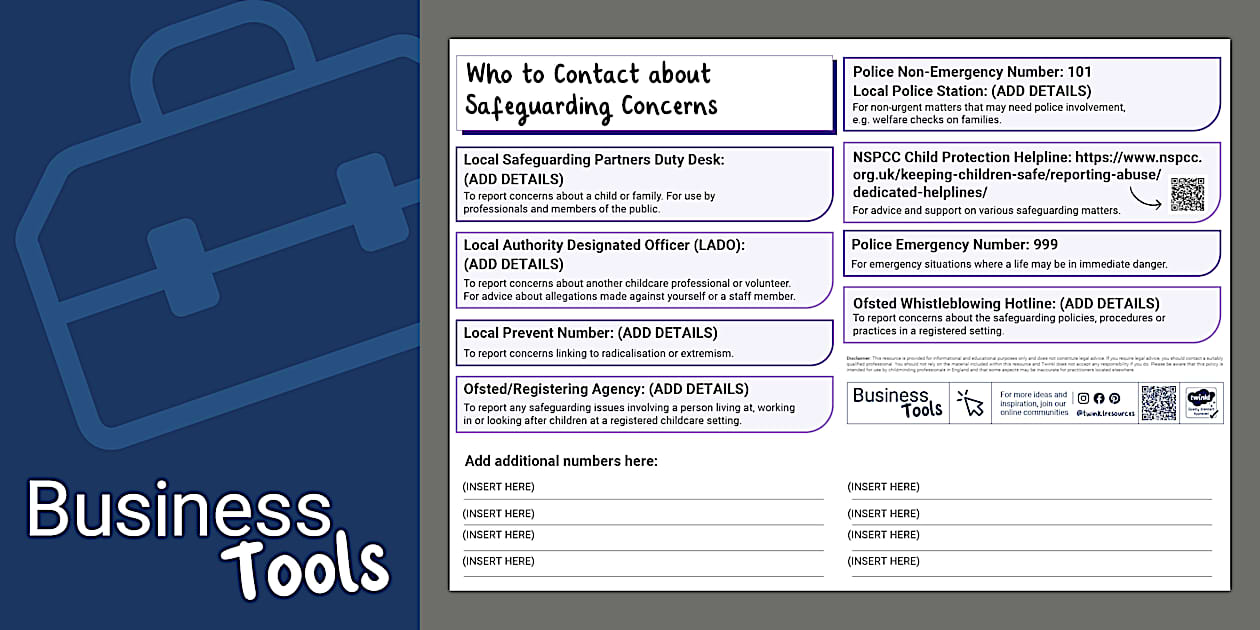 Safeguarding Contacts Quick Reference Poster for Private Childcare Settings