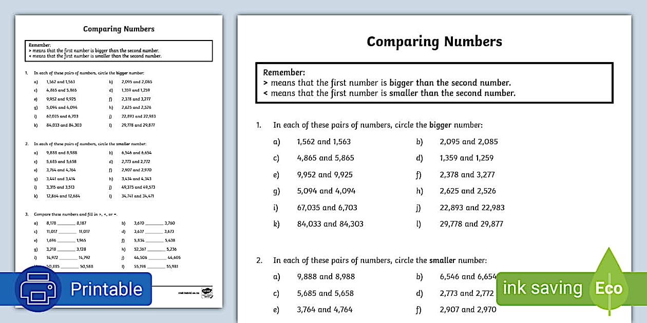 Comparing Numbers Worksheet - Intermediate Phase - Twinkl